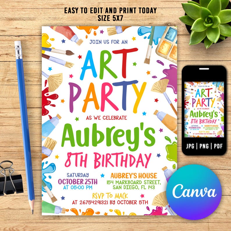 Editable Art Birthday Party Invitation, Art in Party Birthday Party ...