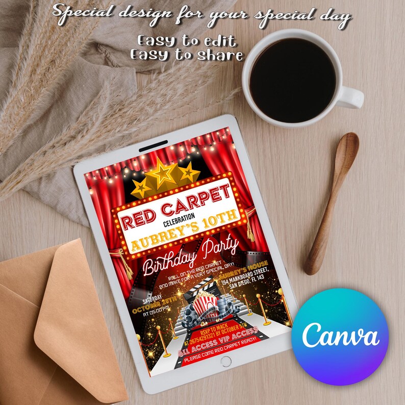 Editable Red Carpet Birthday Invitation, Red Carpet Party, Red Carpet ...