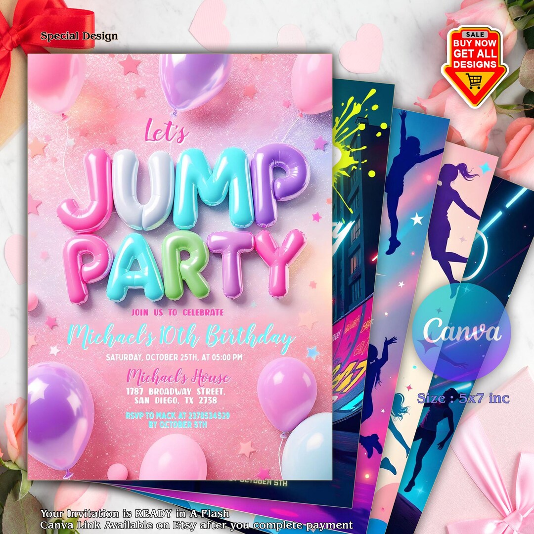 Jump Party Invitation, Jump Birthday Invite, Let's Jump Party, Editable ...