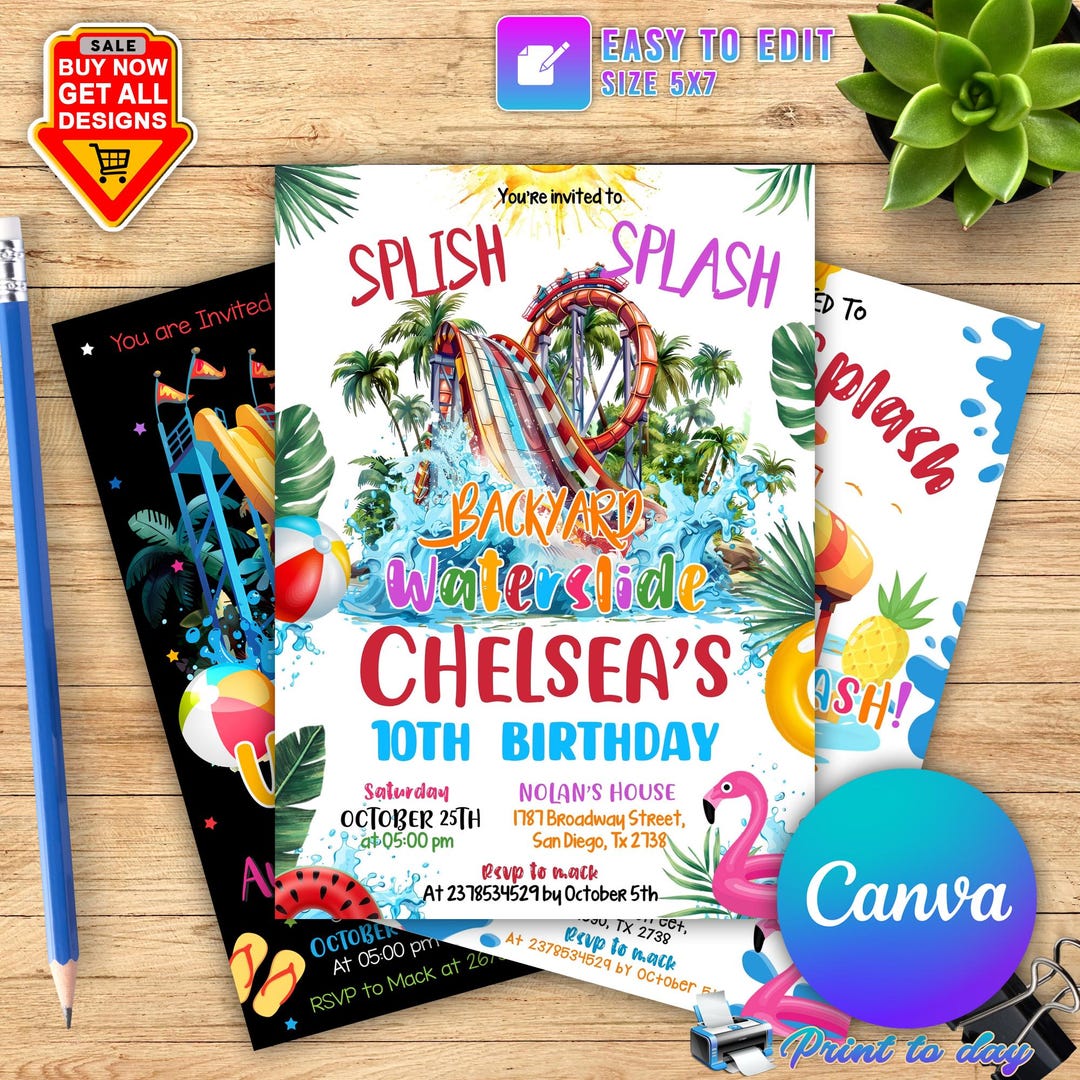 Editable Waterslide Birthday Invitation, Water Slide Invitation, Water ...