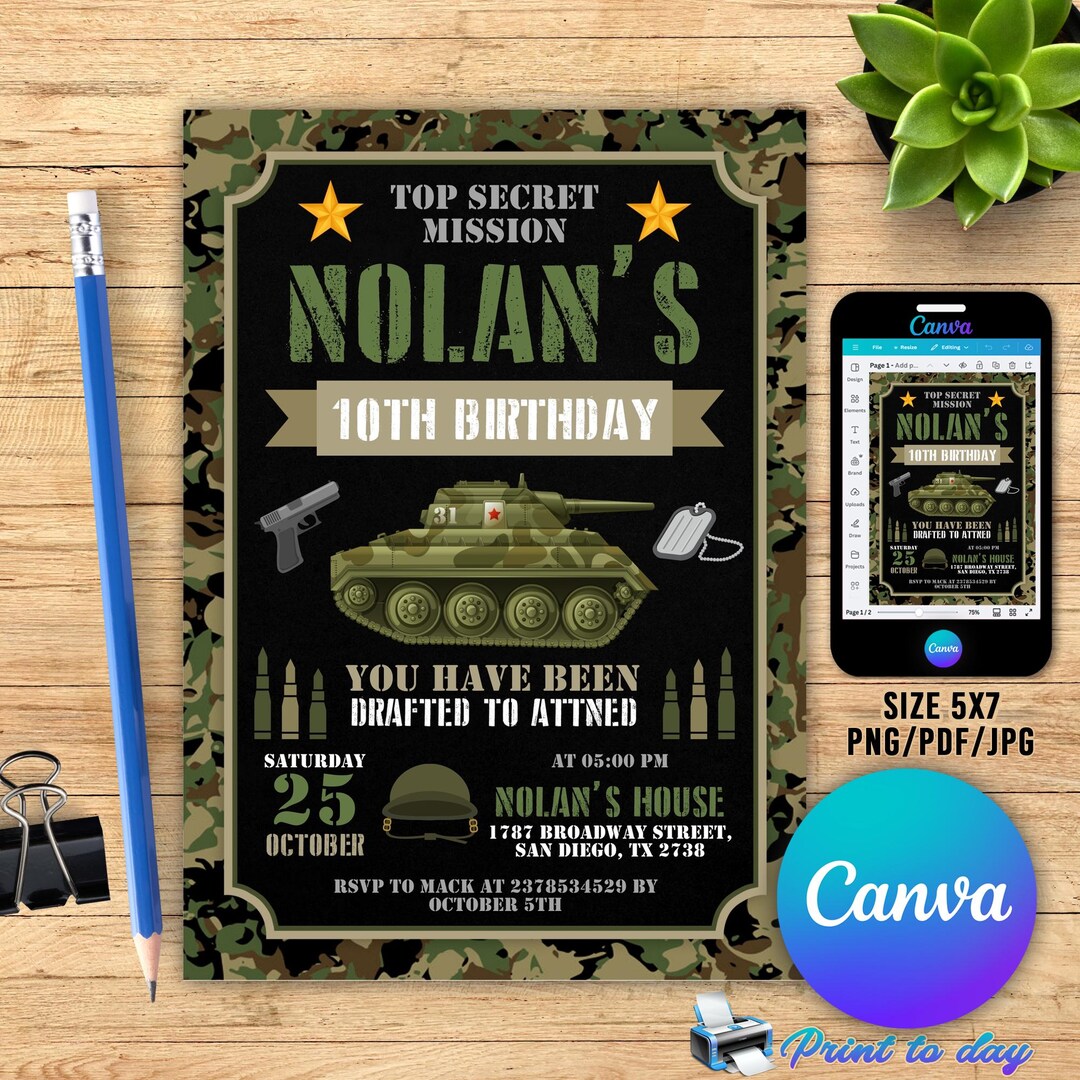 Editable Military Party Invitations, Army Birthday Invitation, Soldier ...