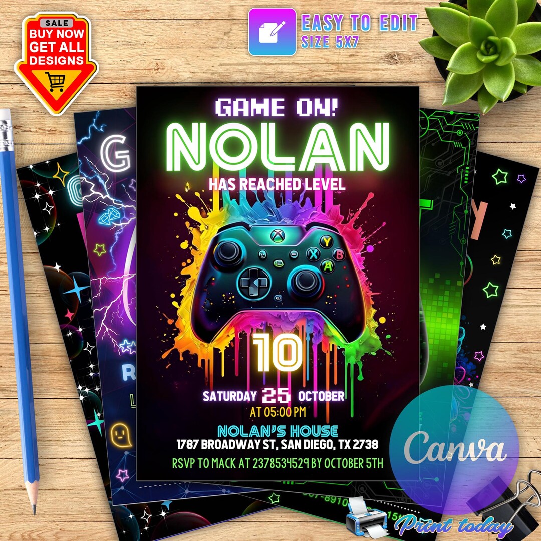 Video Game Birthday Invitation Template, Neon Glow, Kid Invite, Video ...