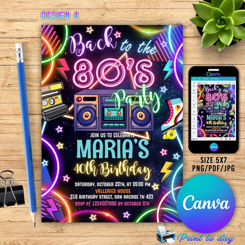 Editable 80s Birthday Party Invitation, Back to the 80s, Throwback Party, Neon Party, Glow Dance ...