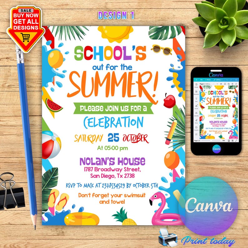 Goodbye School Hello Pool Invitation Template, Printable End of School ...