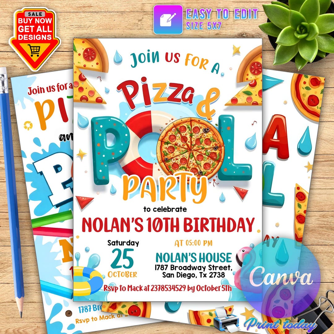 Editable Pizza Pool Party Invitation, Pizza Pool Party Birthday, Pizza ...