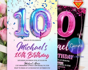 10th Birthday Invitation, Girls Glitter Birthday Invitation, Hello ...