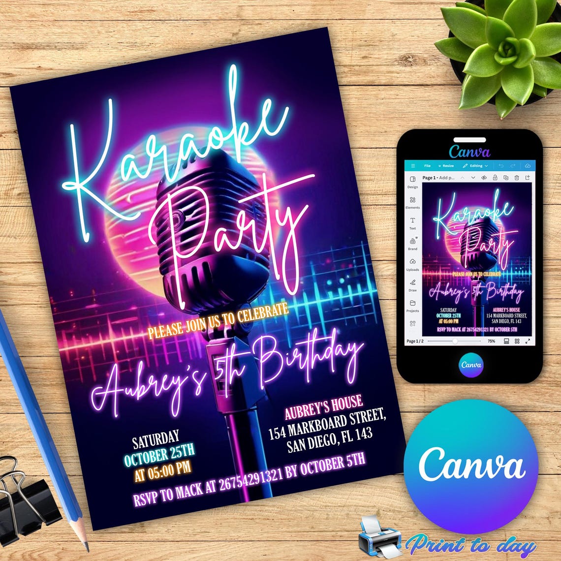 Karaoke Party Birthday Invitation, Glow Karaoke Birthday Party, Neon ...