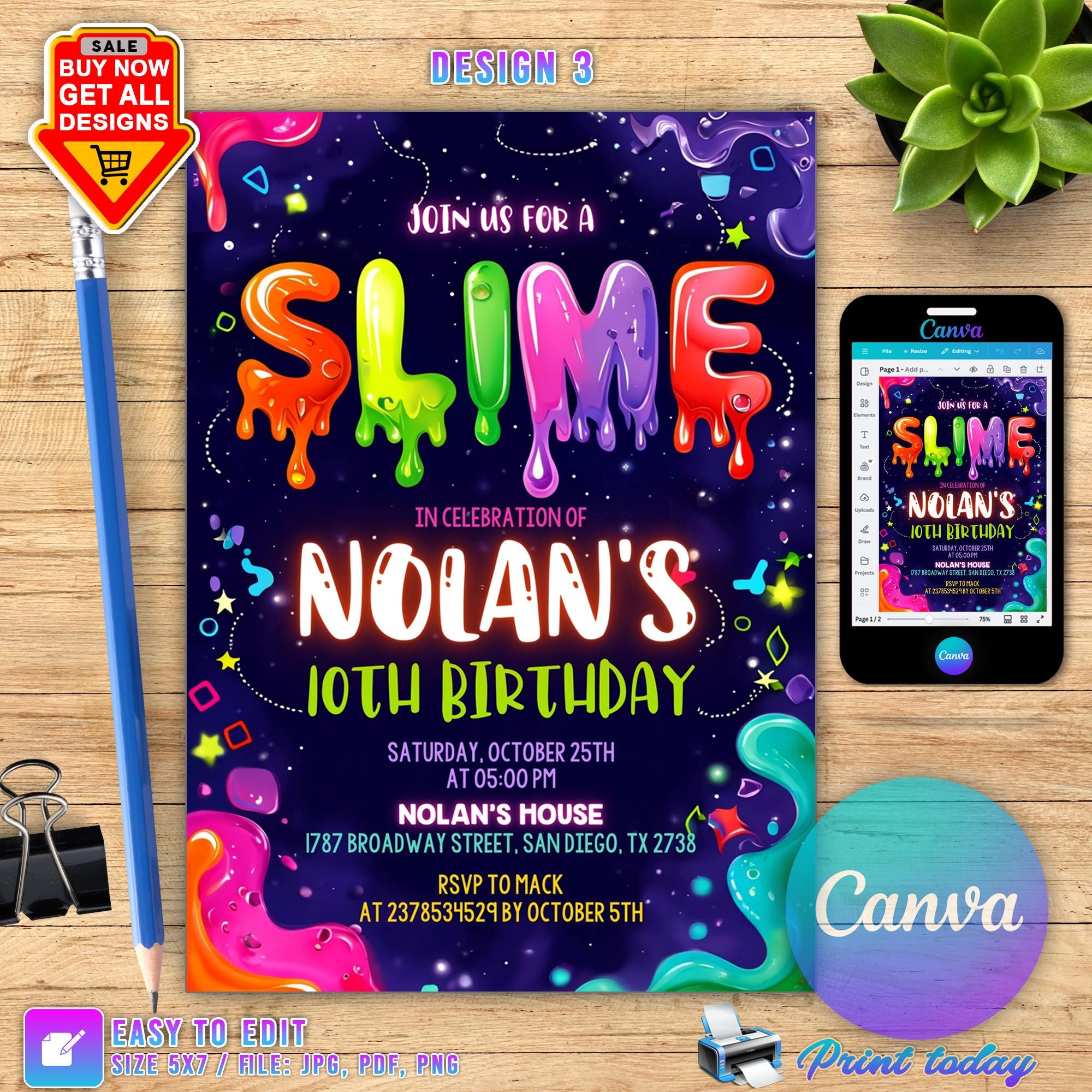 Slime Birthday Invitation, EDITABLE Neon Glow Slime Party Invite ...