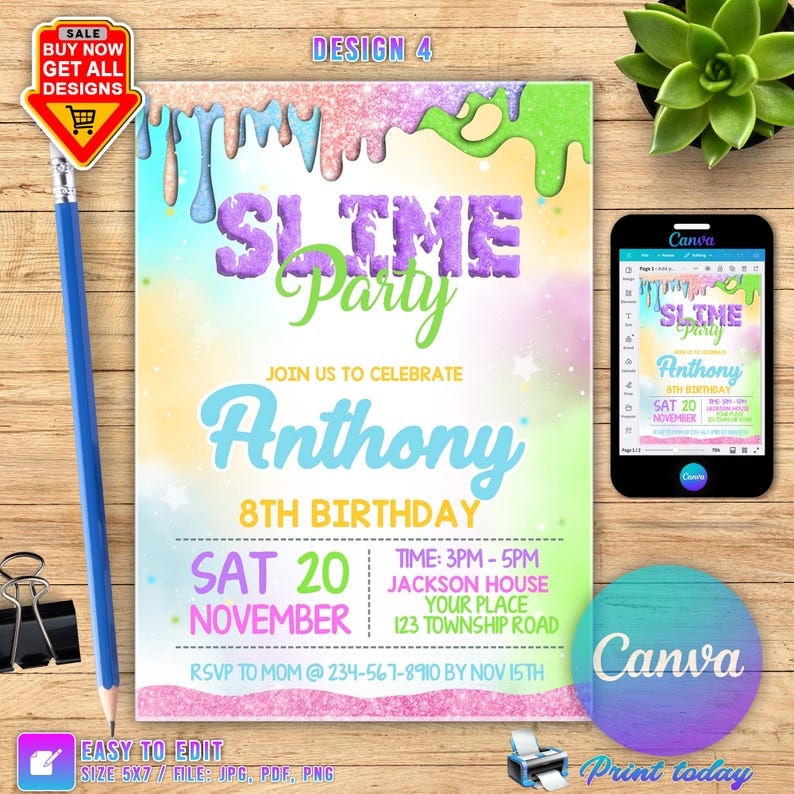 Slime Birthday Invitation, EDITABLE Neon Glow Slime Party Invite ...