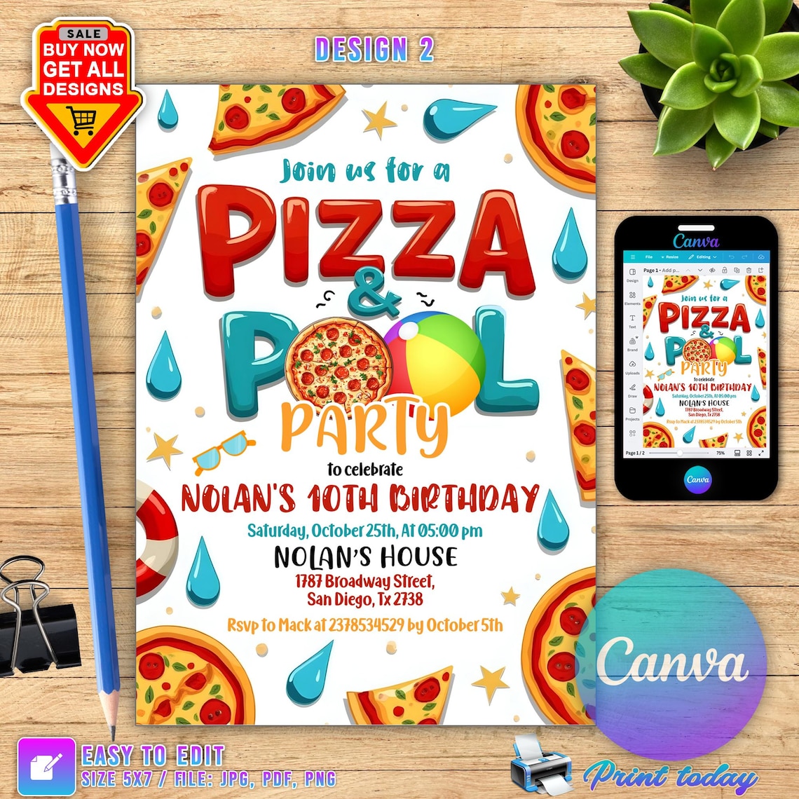 Editable Pizza Pool Party Invitation, Pizza Pool Party Birthday, Pizza ...