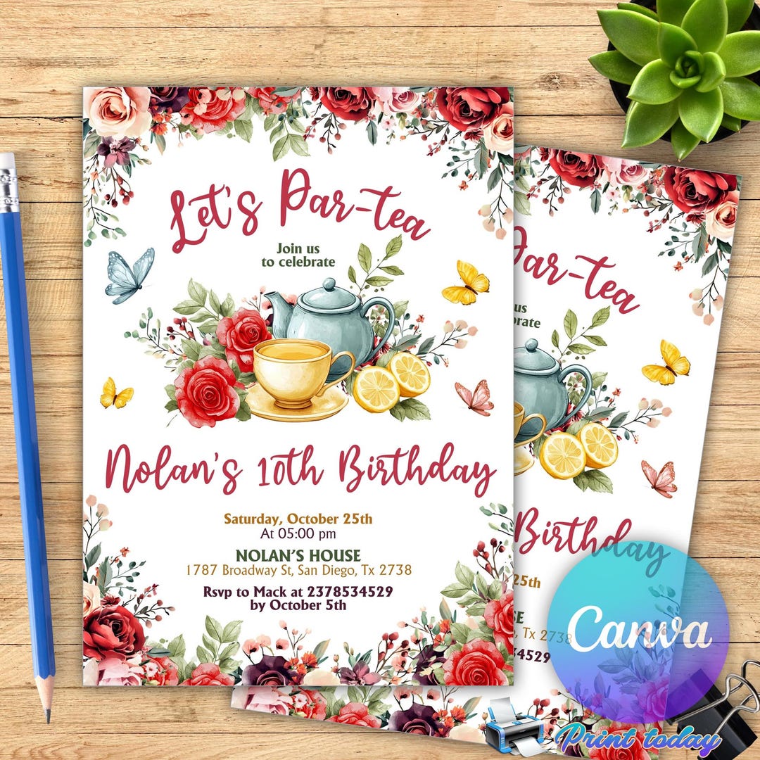 Editable Tea Party Birthday Invitation, Par-tea Invitation, Girl Par ...