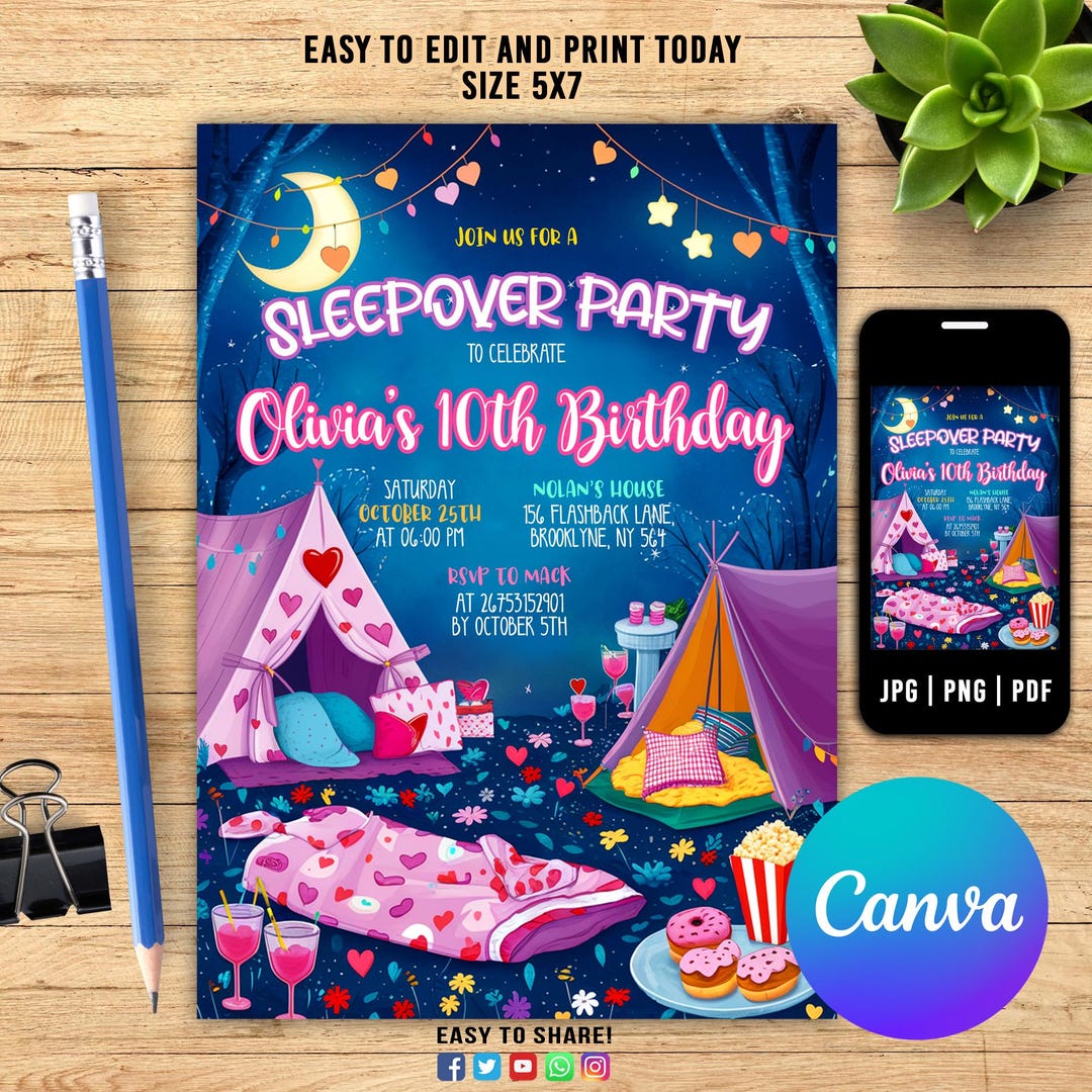 Editable Sleepover Birthday Invitation, Neon Sleepover Invite, Slumber ...