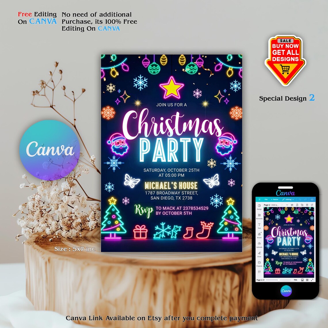 Editable Neon Christmas Party Invitation, Xmas Office Party, DIGITAL ...