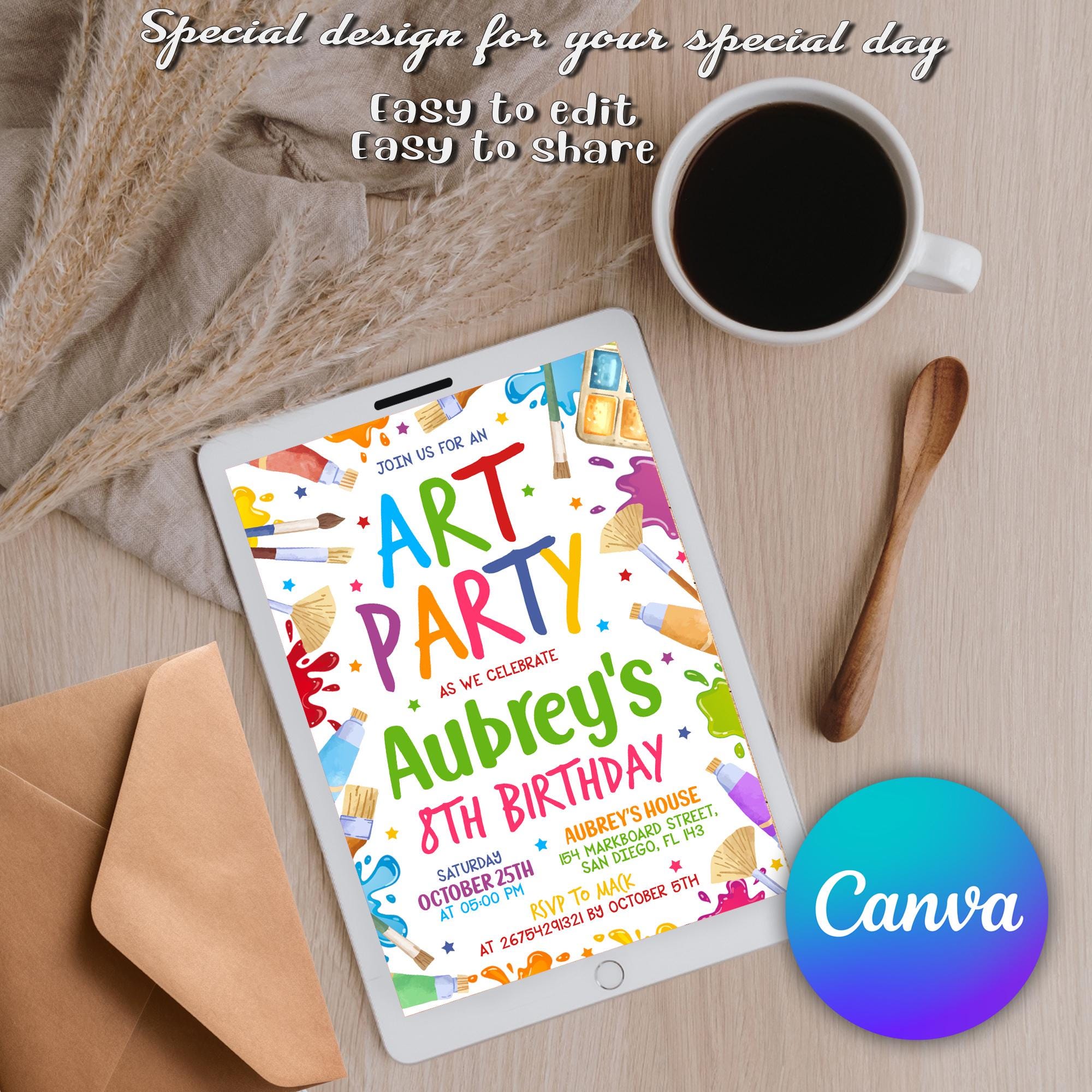 Editable Art Birthday Party Invitation, Art in Party Birthday Party ...