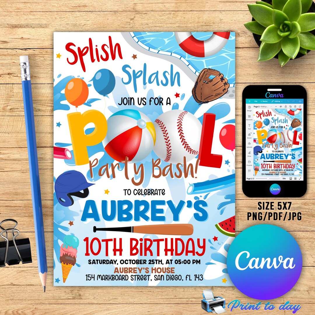 Baseball Pool Birthday Party Invitation, Baseball Pool Party, Sport ...