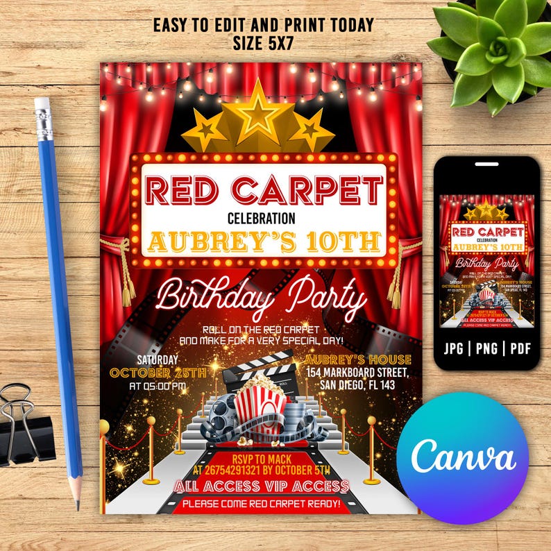 Editable Red Carpet Birthday Invitation, Red Carpet Party, Red Carpet ...
