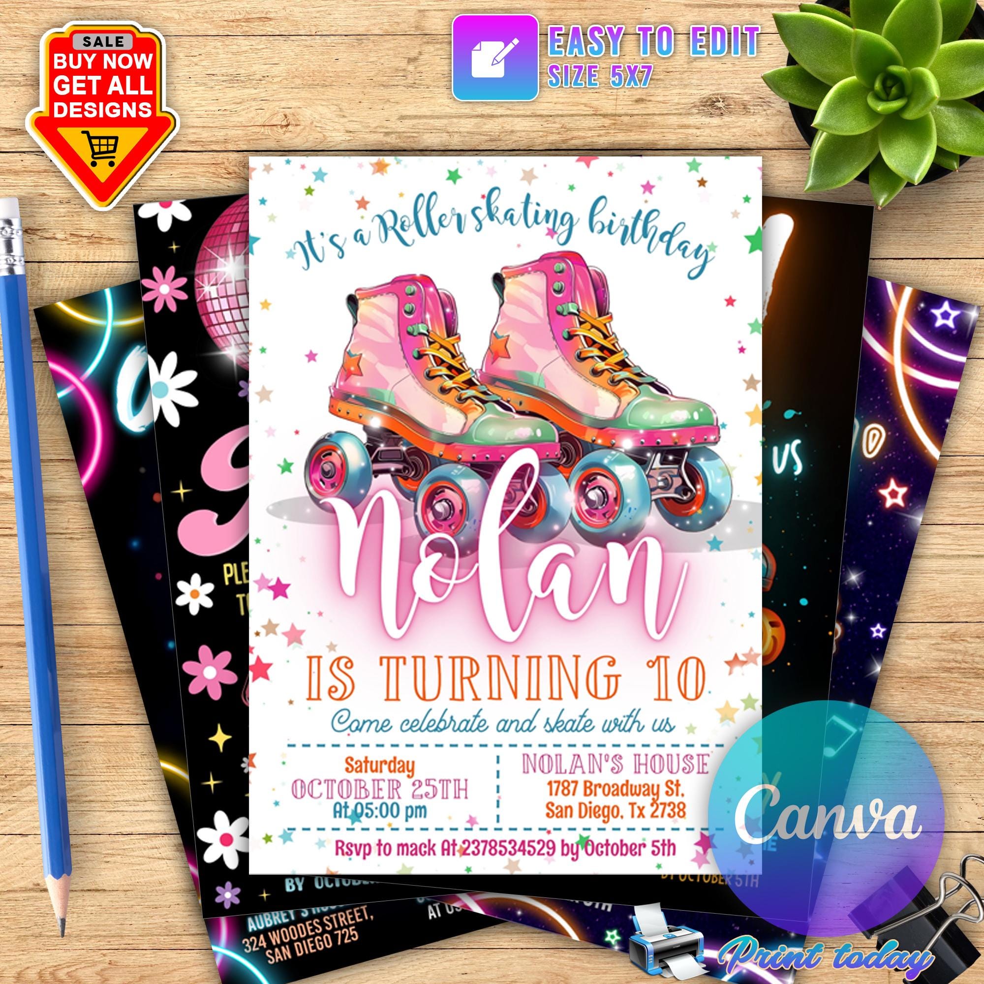 Editable Roller Skating 8th Birthday Party Invitation Rollin' Into ...