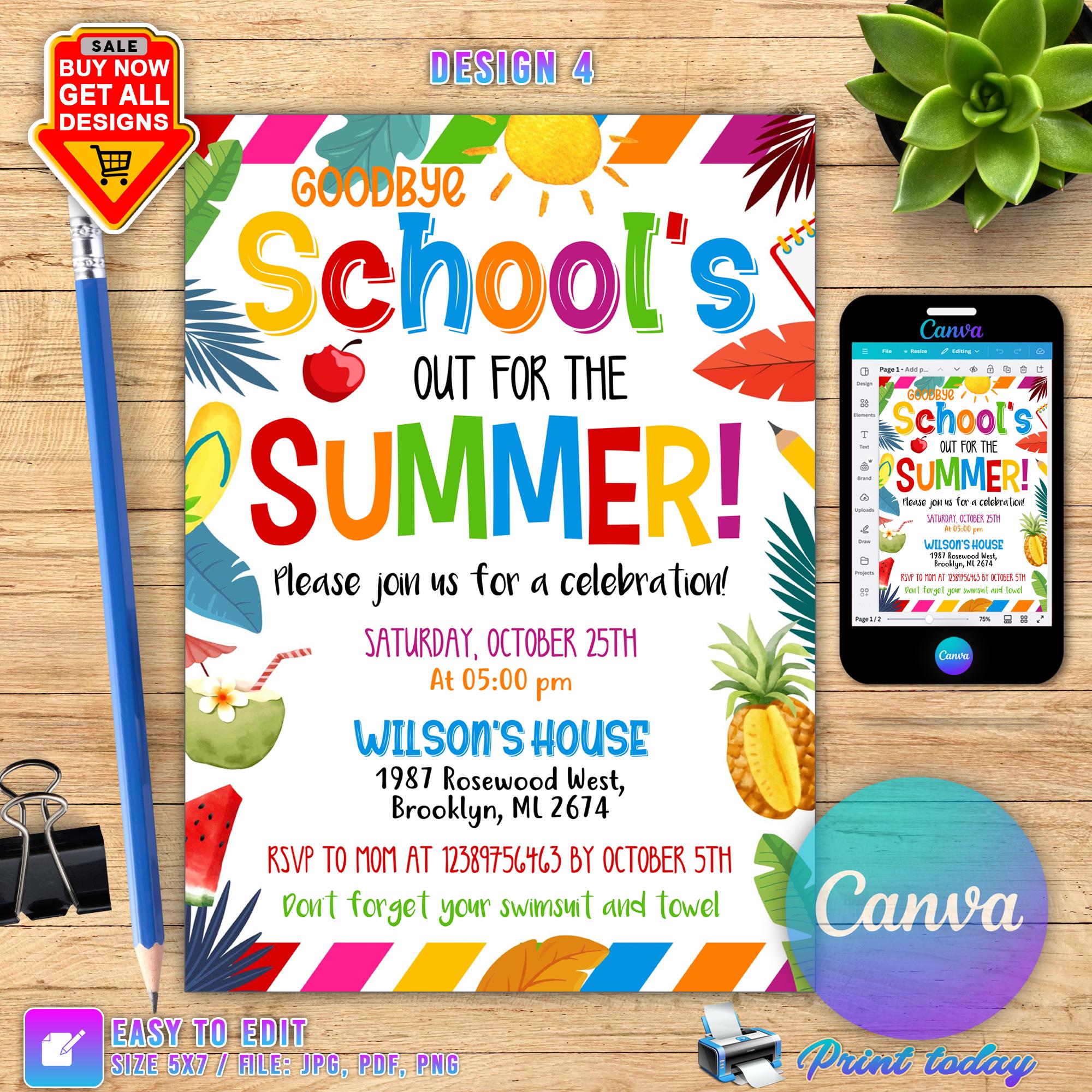 Editable End of School Party Schools Out Party Invitation, Editable ...