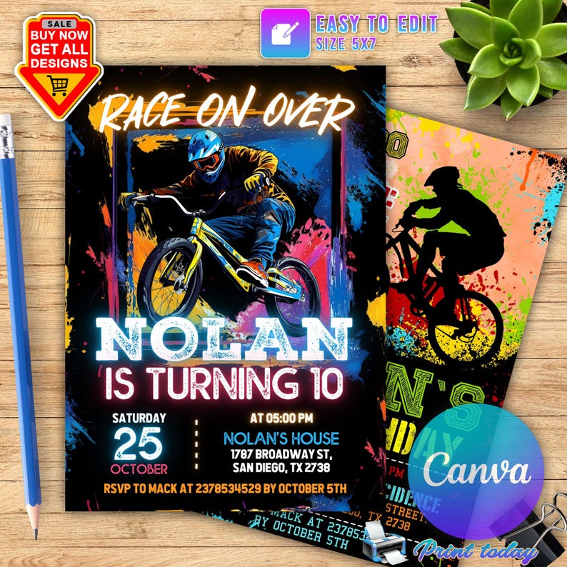 Digital Birthday, BMX Bike Invitation, BMX Bike Birthday Party, BMX ...