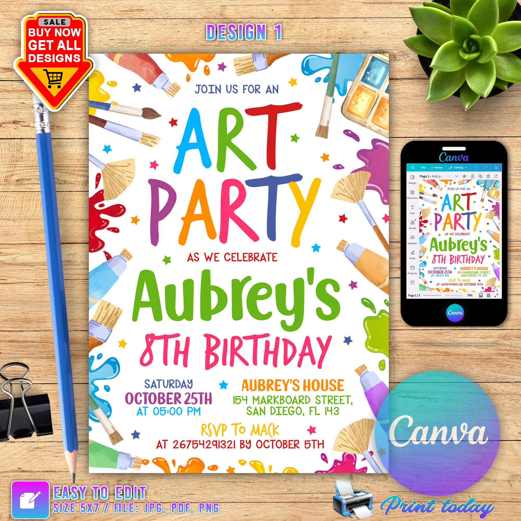 Editable Art Birthday Party Invitation, Art Painting Artist Birthday ...