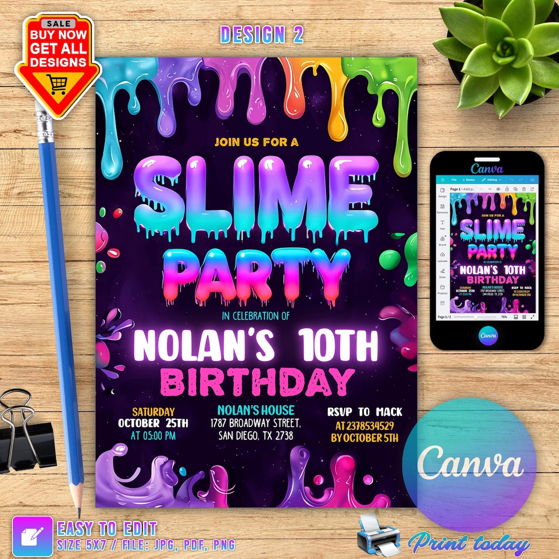 Slime Birthday Invitation, EDITABLE Neon Glow Slime Party Invite ...