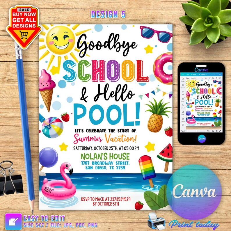 Editable End of School Party Schools Out Party Invitation, Editable ...