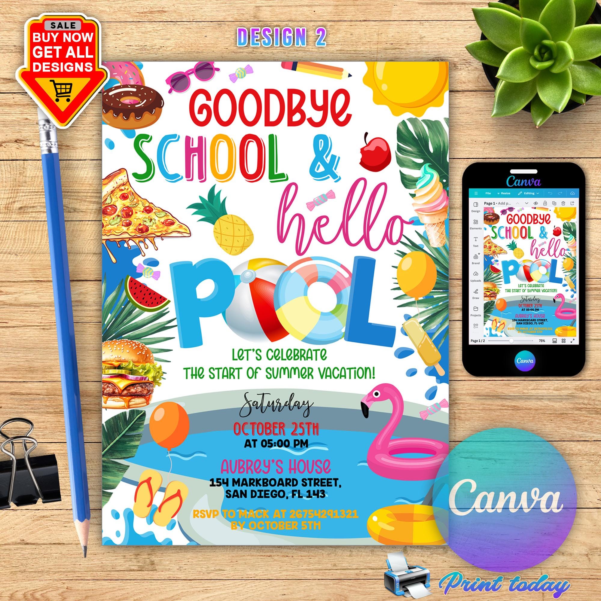 Goodbye School Hello Pool Invitation Template, Printable End of School ...