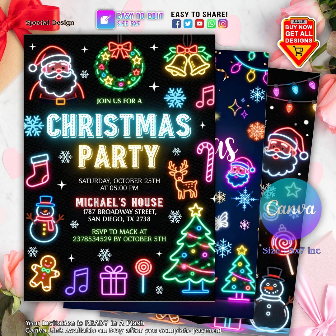 Editable Neon Christmas Party Invitation, Xmas Office Party, DIGITAL ...