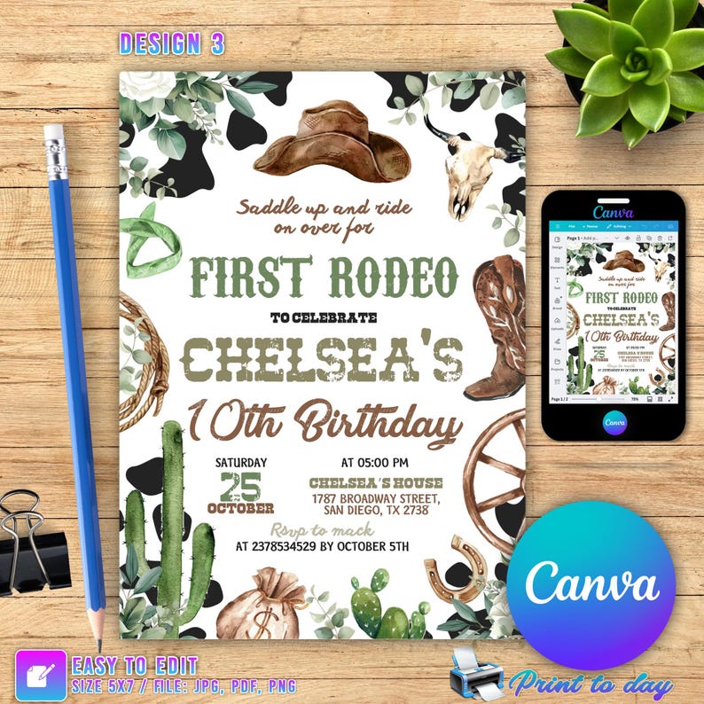 Editable First Rodeo Birthday Invitation, Rodeo 1st Birthday Invitation ...