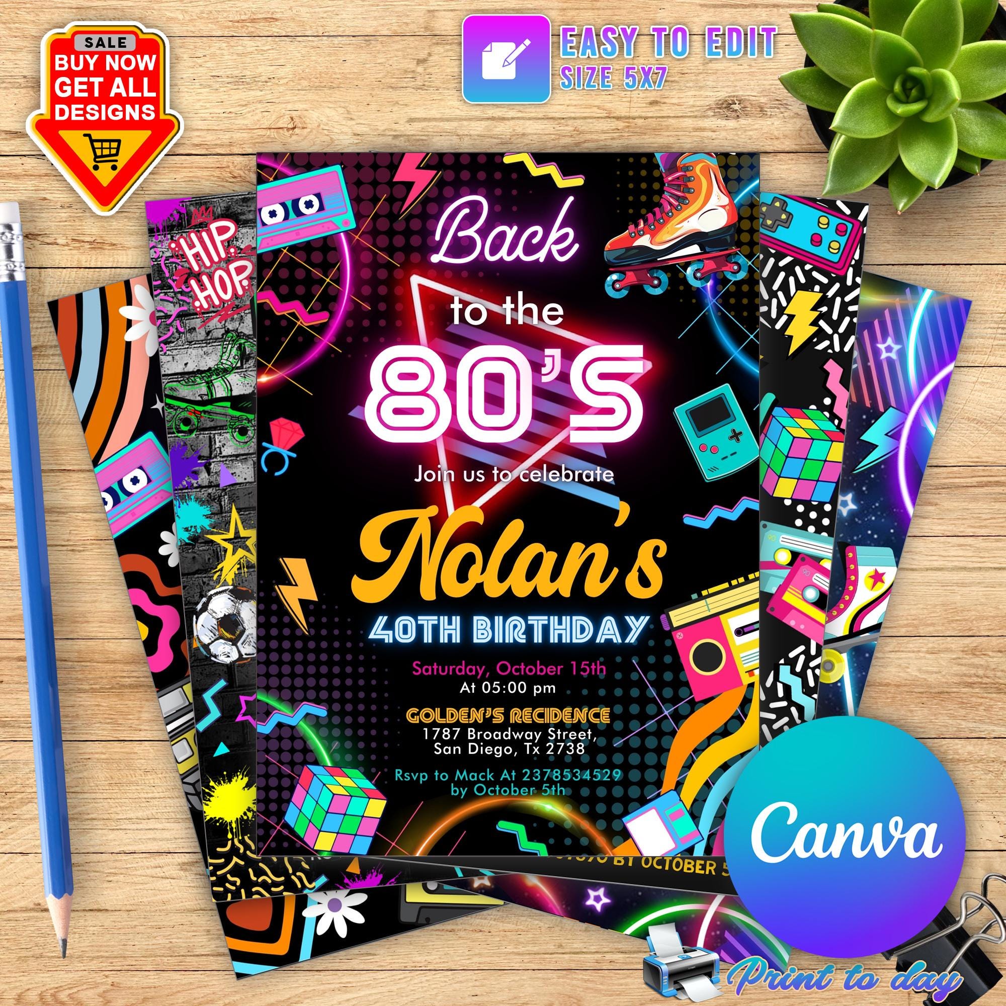 Editable 80s Birthday Party Invitation, Back to the 80s, Throwback Party, Neon Party, Glow Dance ...