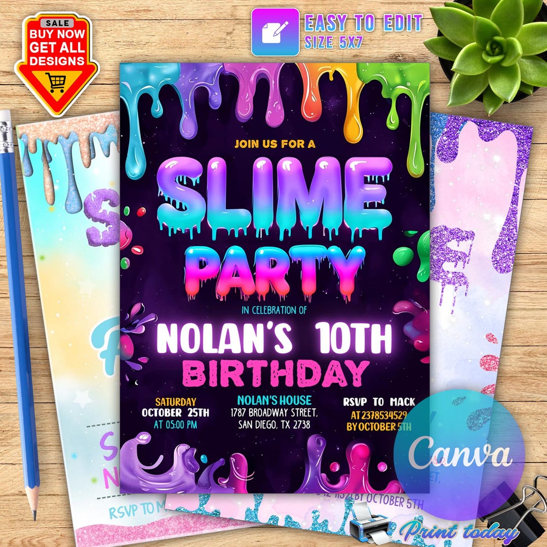 Slime Birthday Invitation, EDITABLE Neon Glow Slime Party Invite ...