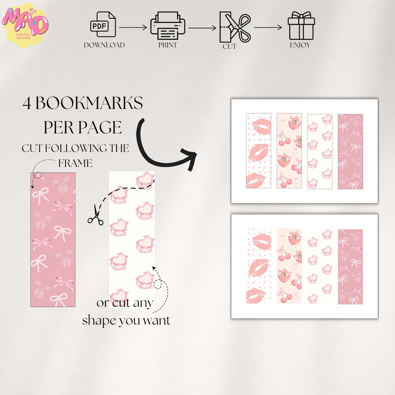 Pink Coquette Bookmark Printable Bundle, Girly Bows Bookmarks ...