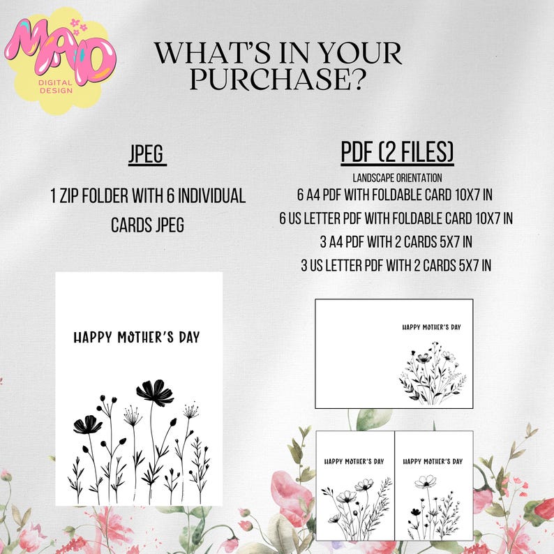 Set of Black & White Mother's Day Cards Printable, Simple Happy Mothers ...