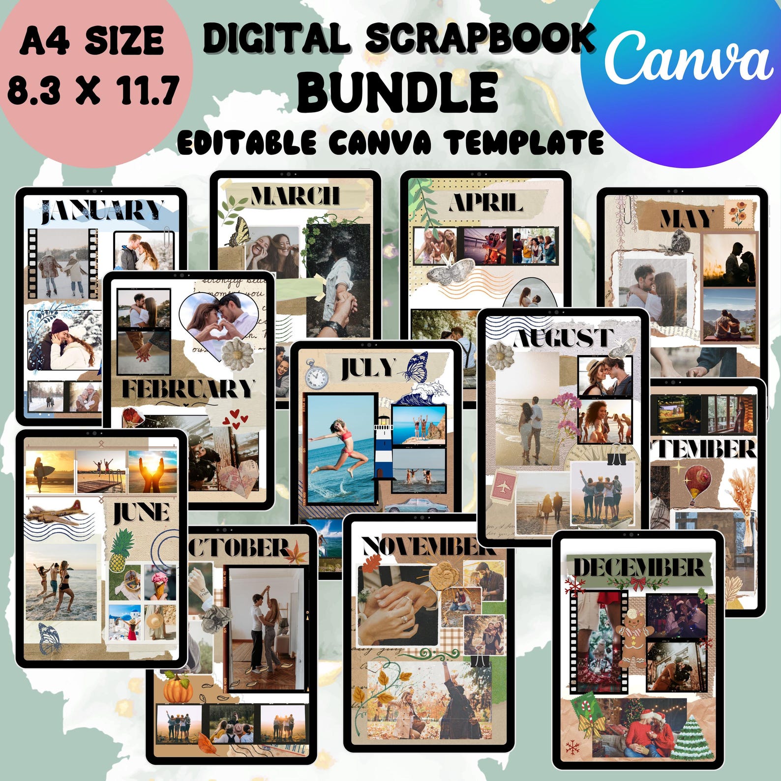 Digital Scrapbook Template Bundle, Empty Scrapbook, Vintage Photo Book ...