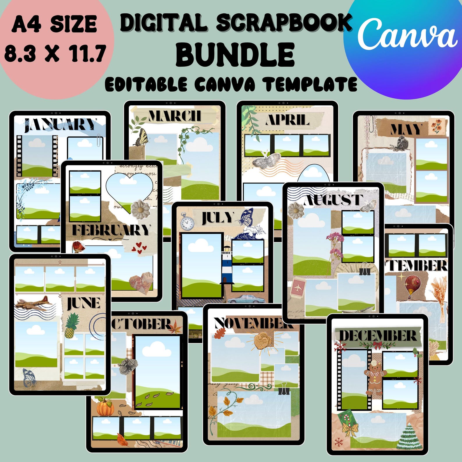 Digital Scrapbook Template Bundle, Empty Scrapbook, Vintage Photo Book ...
