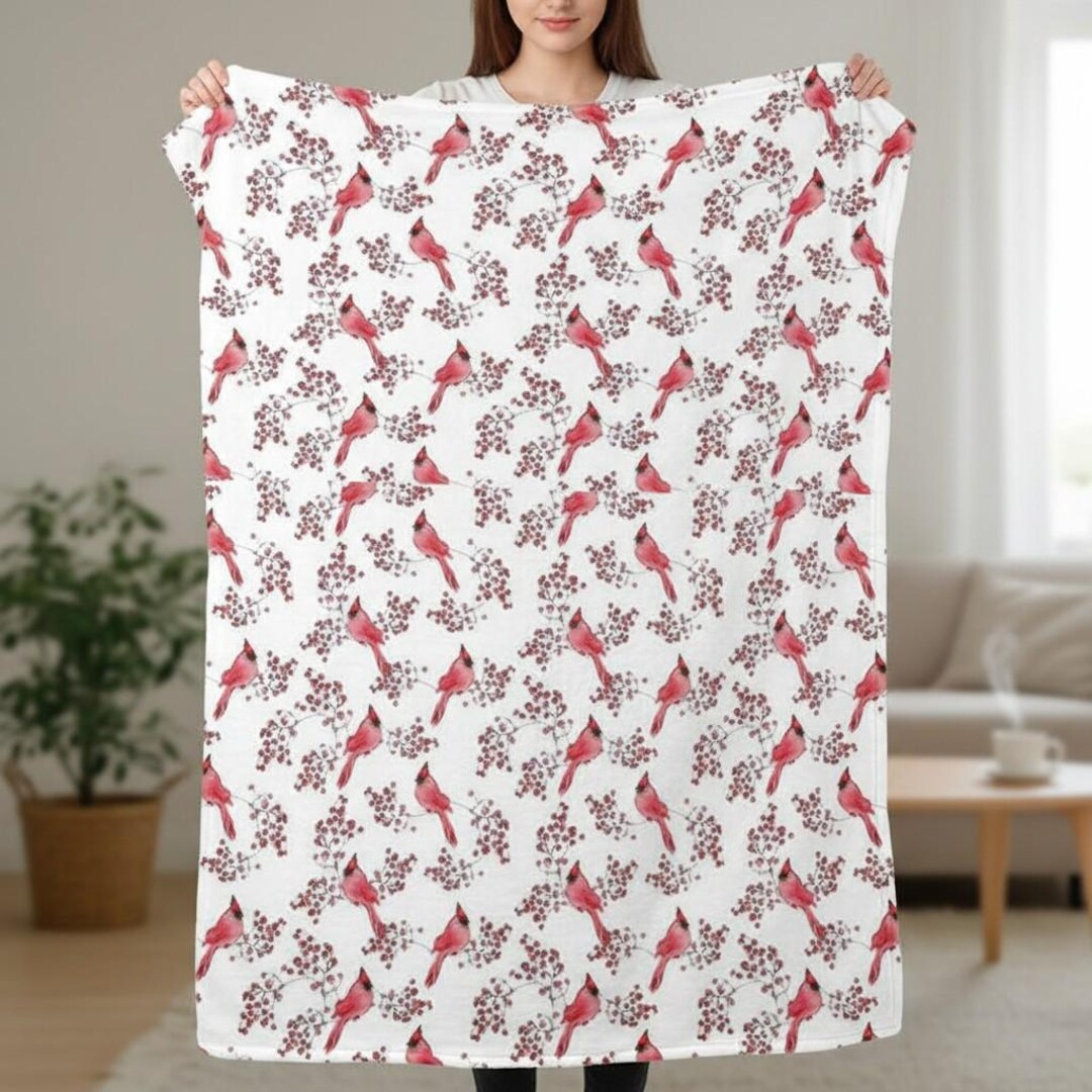 Cardinal Fleece Blanket, Cozy Red Bird and Berry Winter Throw ...