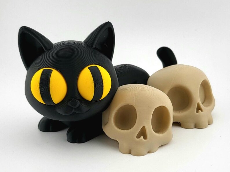 3D Printed Cat Figurine Black Cat With Skulls: Gothic Halloween Decor ...