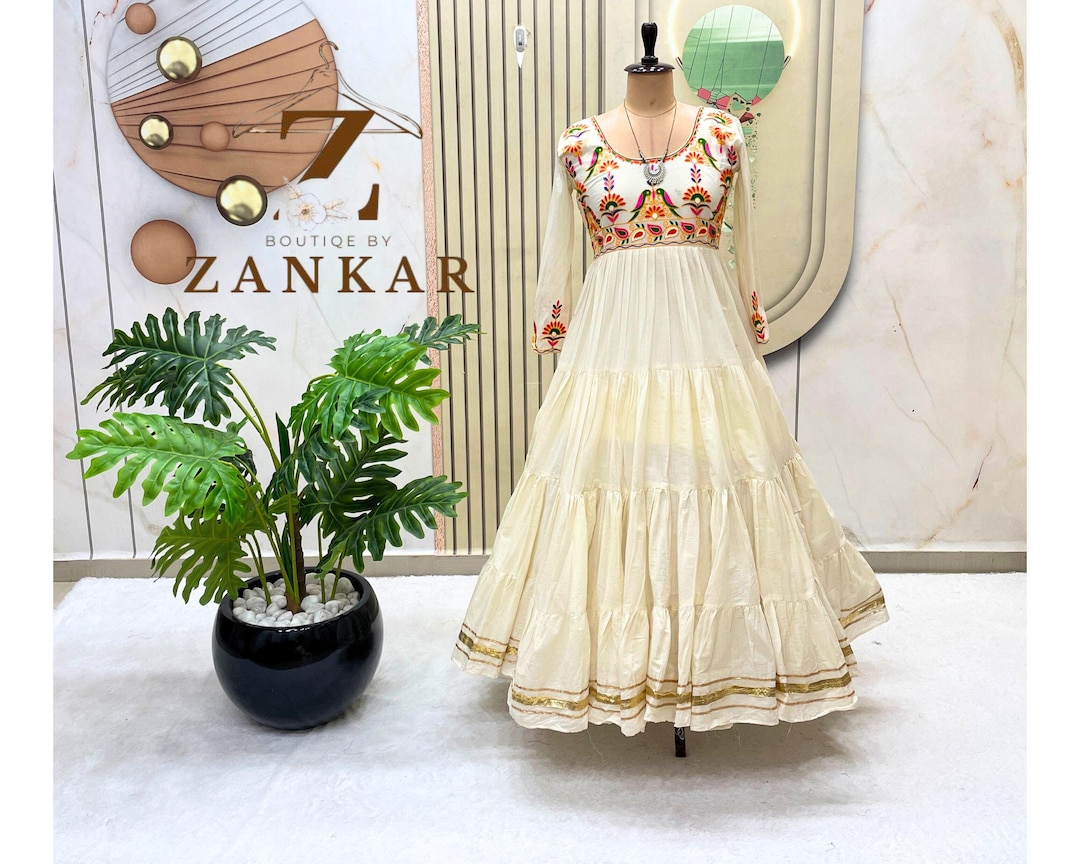 Kora Cotton Navratri Gown, Embroidered Garba Dress, Flared Raffle ...