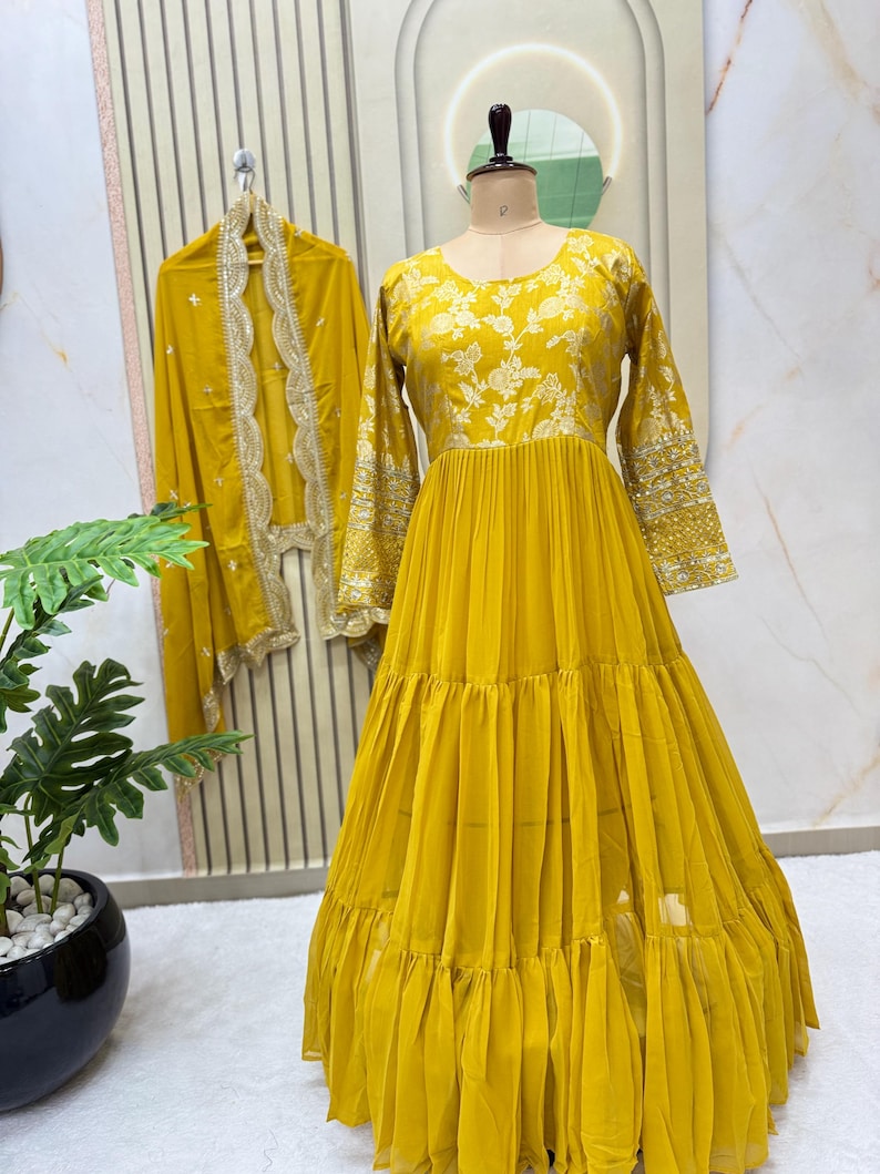 Yellow Anarkali Gown for Haldi Outfit, Embroidered Readymade Indian ...