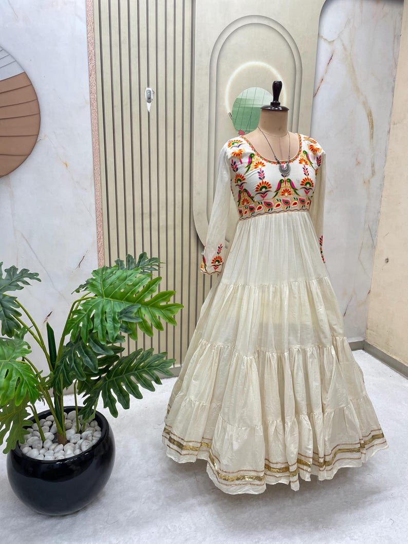 Kora Cotton Navratri Gown, Embroidered Garba Dress, Flared Raffle ...