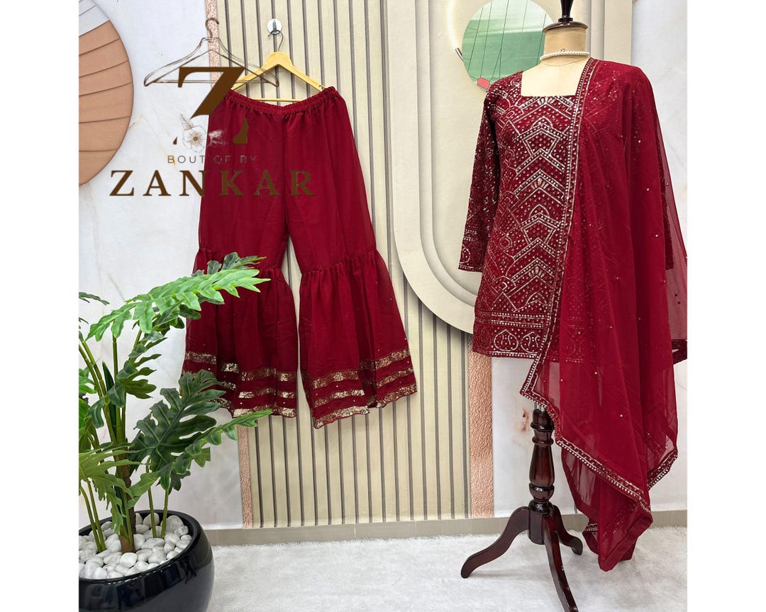 Maroon Sharara Suit Kurta Sharara Set Pakistani Women Wedding Dress ...