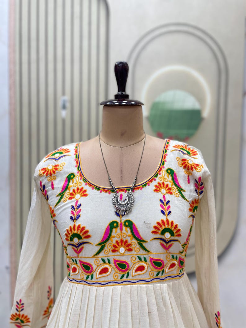 Kora Cotton Navratri Gown, Embroidered Garba Dress, Flared Raffle ...