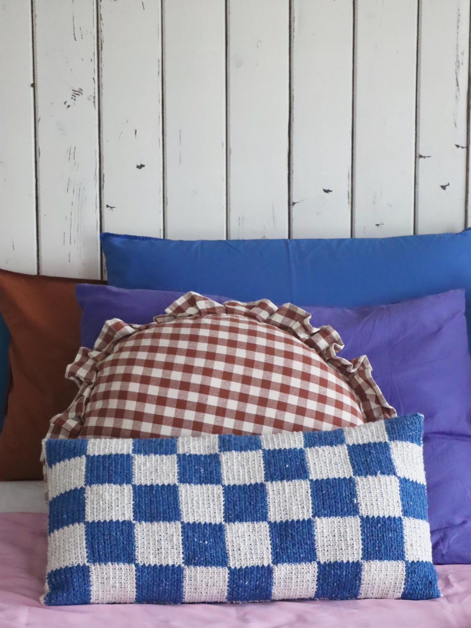 Blue & White Checkered Pillow - Handmade Crochet (including Inner ...