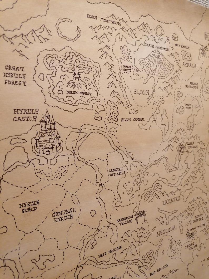 Legend of Zelda Hyrule A2 Hand Drawn Map Fantasy Map Art Gifts for ...