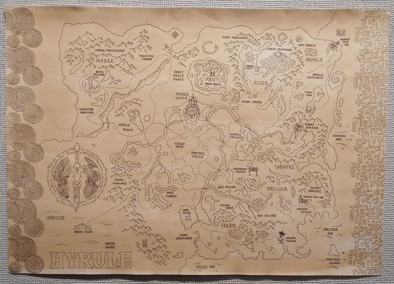 Legend of Zelda Hyrule A2 Hand Drawn Map Fantasy Map Art Gifts for ...