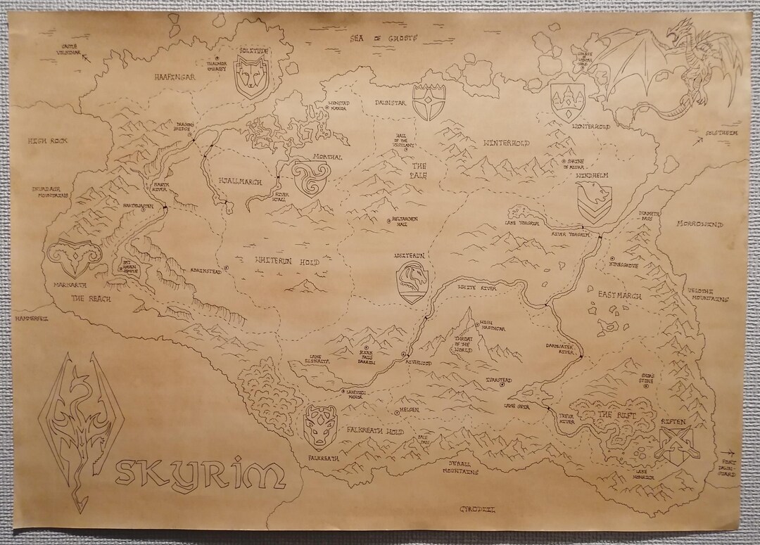 Elder Scrolls Skyrim A2 Hand Drawn Map – Fantasy Map Art Gifts for ...