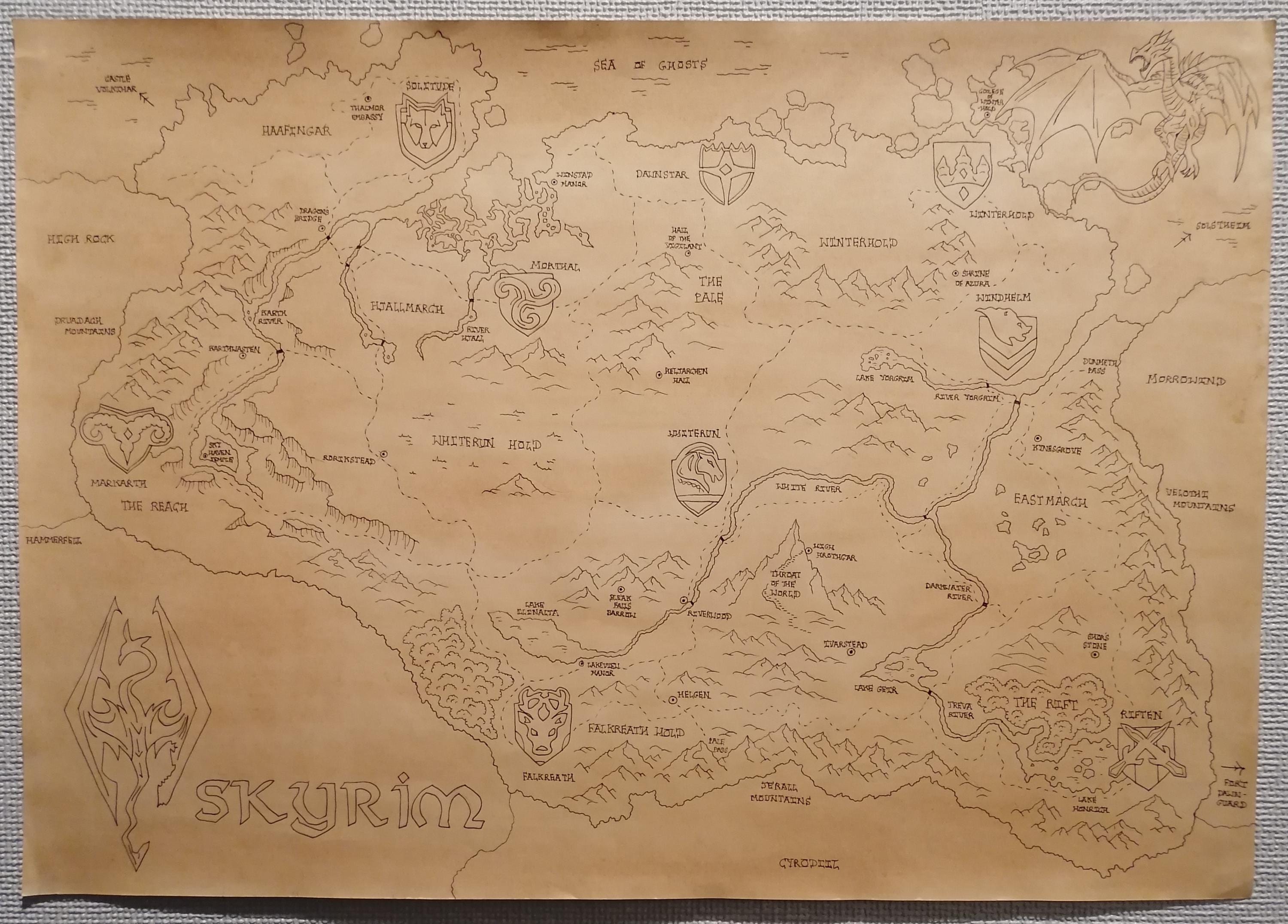 Elder Scrolls Skyrim A2 Hand Drawn Map Fantasy Map Art Gifts for ...