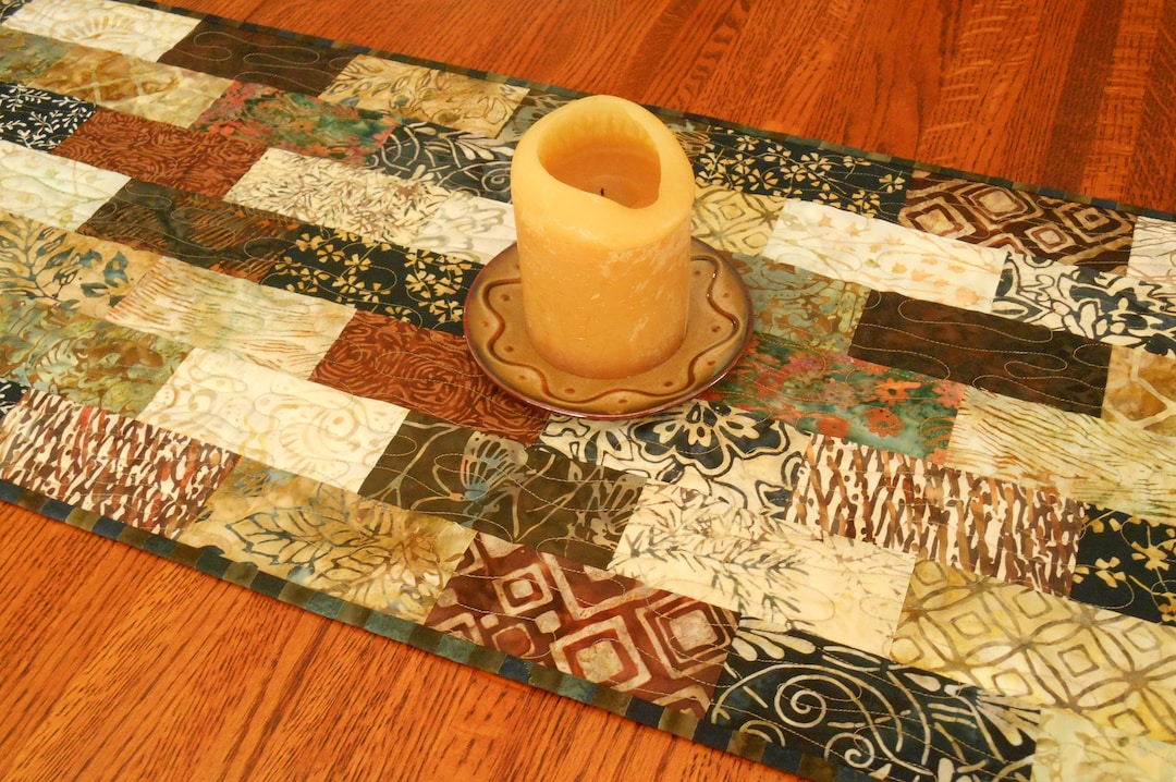 Quilted Batik Table Runner Boho Style in Neutral Earth Tones With Black ...