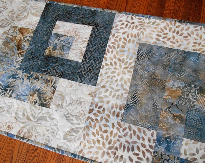 Batik Table Runner in Blue and Brown - Quilted Table Runner - Modern ...