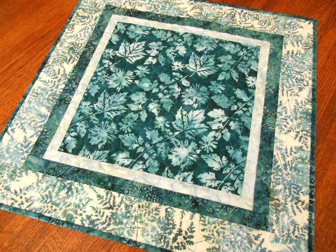 Blue Leaves Quilted Table Topper, Blue Table Decor, Blue Batik Square ...